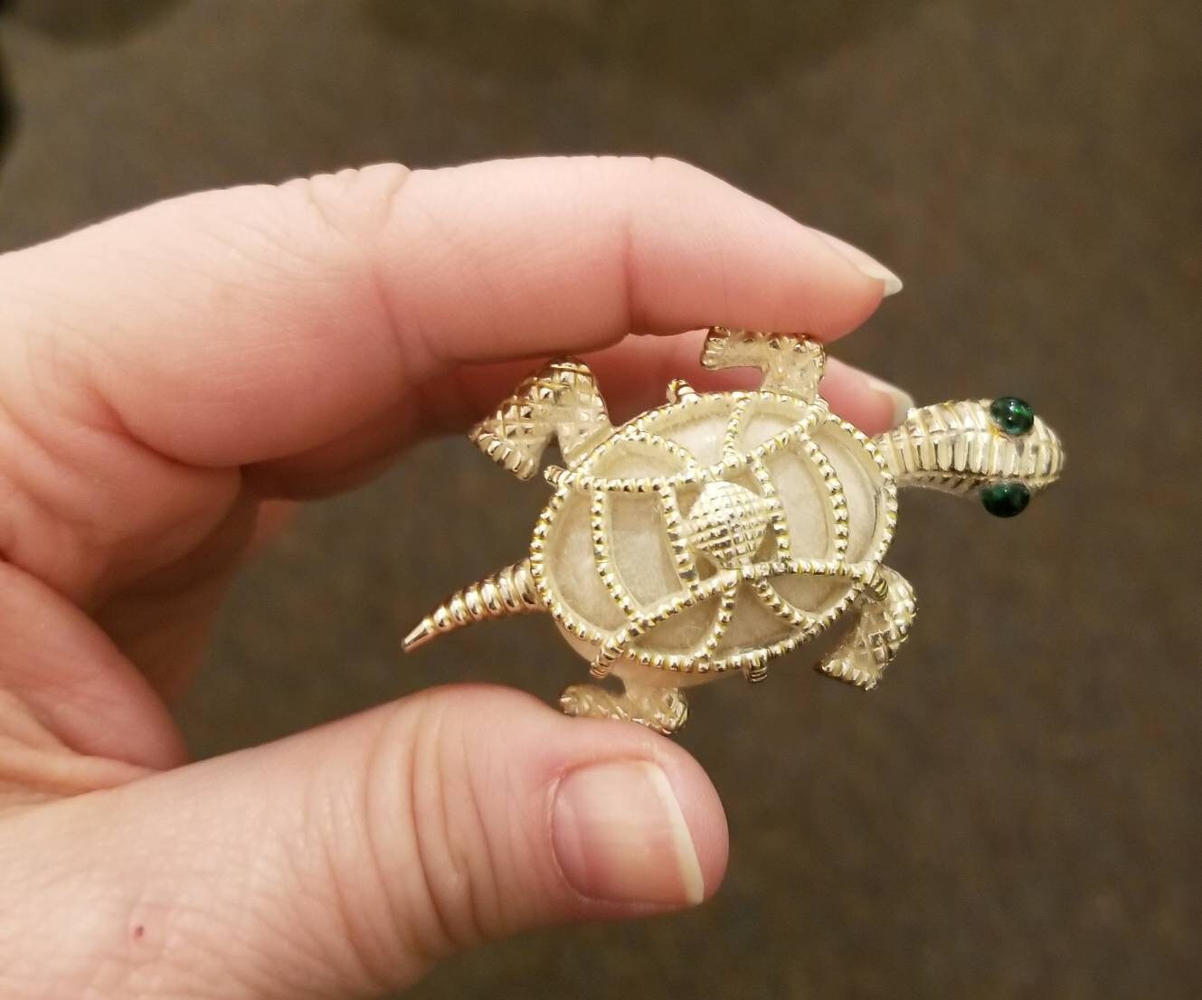 Vintage 1960's Caged Turtle Brooch Pin Mother of Pearl Shell Green Eyes ...