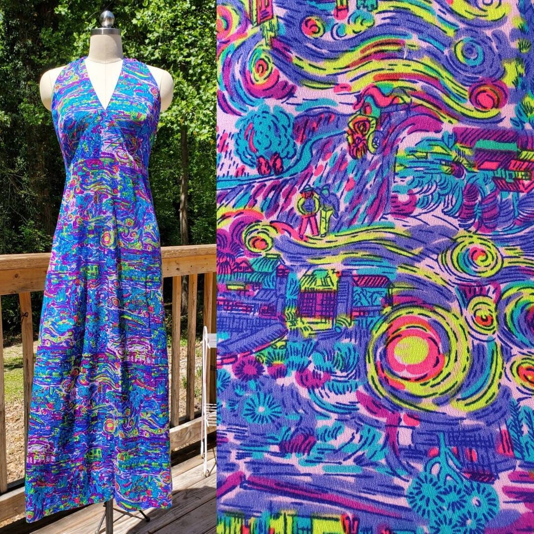 1960s Neon Maxi Dress in Psychedelic Expressionist Style Print 60's ...