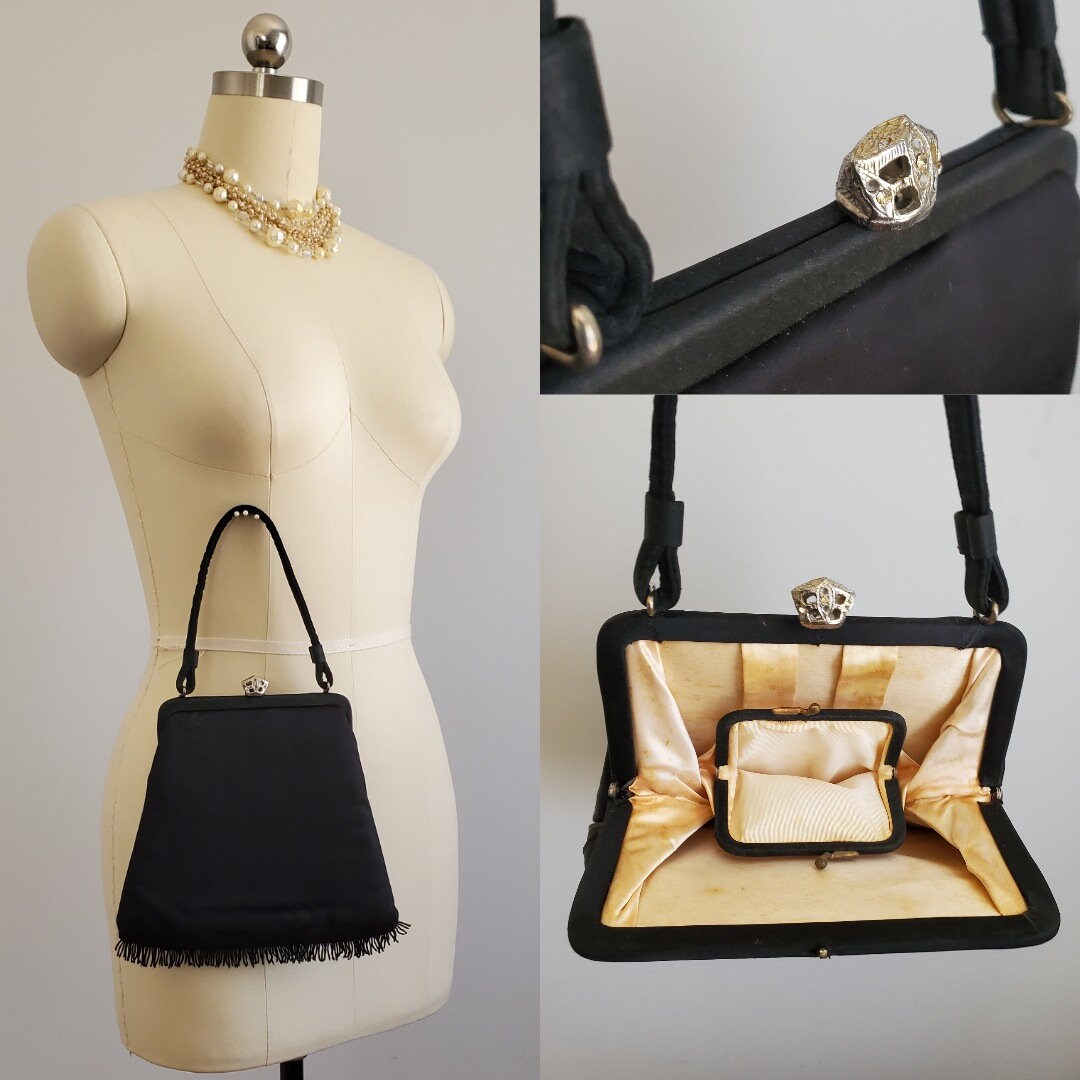 1940's Black Satin Evening Bag With Fringe 40s Handbag 40s Pinup ...