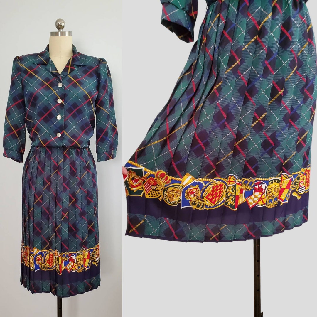 1980s Plaid Dress With Royal Coat of Arms Trim by Breli Originals 80s ...
