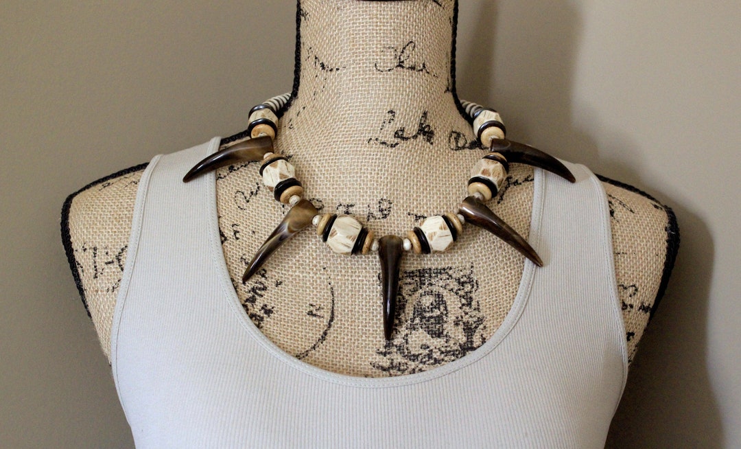 Bone Bead Necklace, Men & Women Chunky Bone Bead Necklace, Brown Claw ...