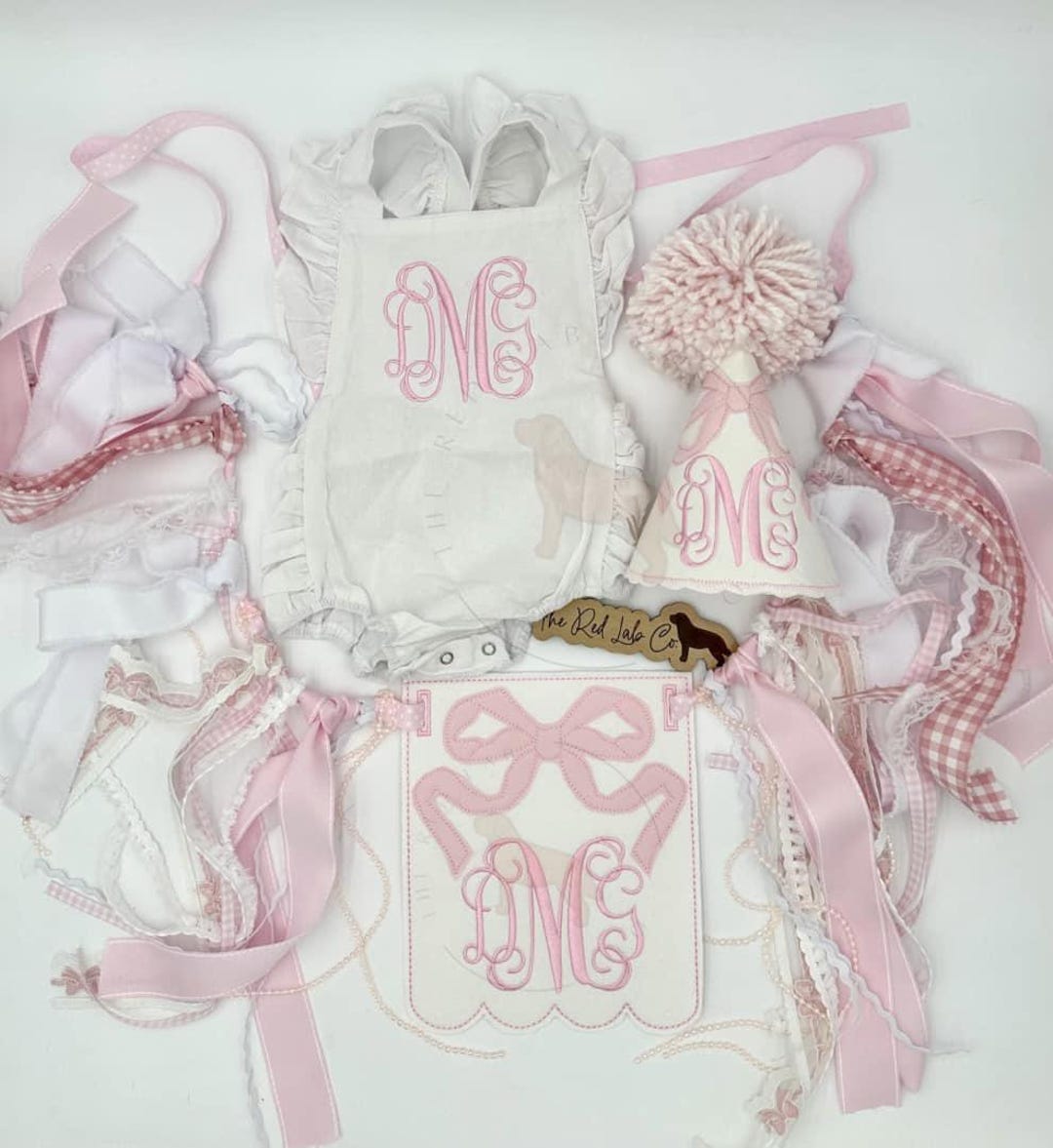 Monogram Birthday Set, Birthday Romper, Banner, Hat, Personalized Girls ...