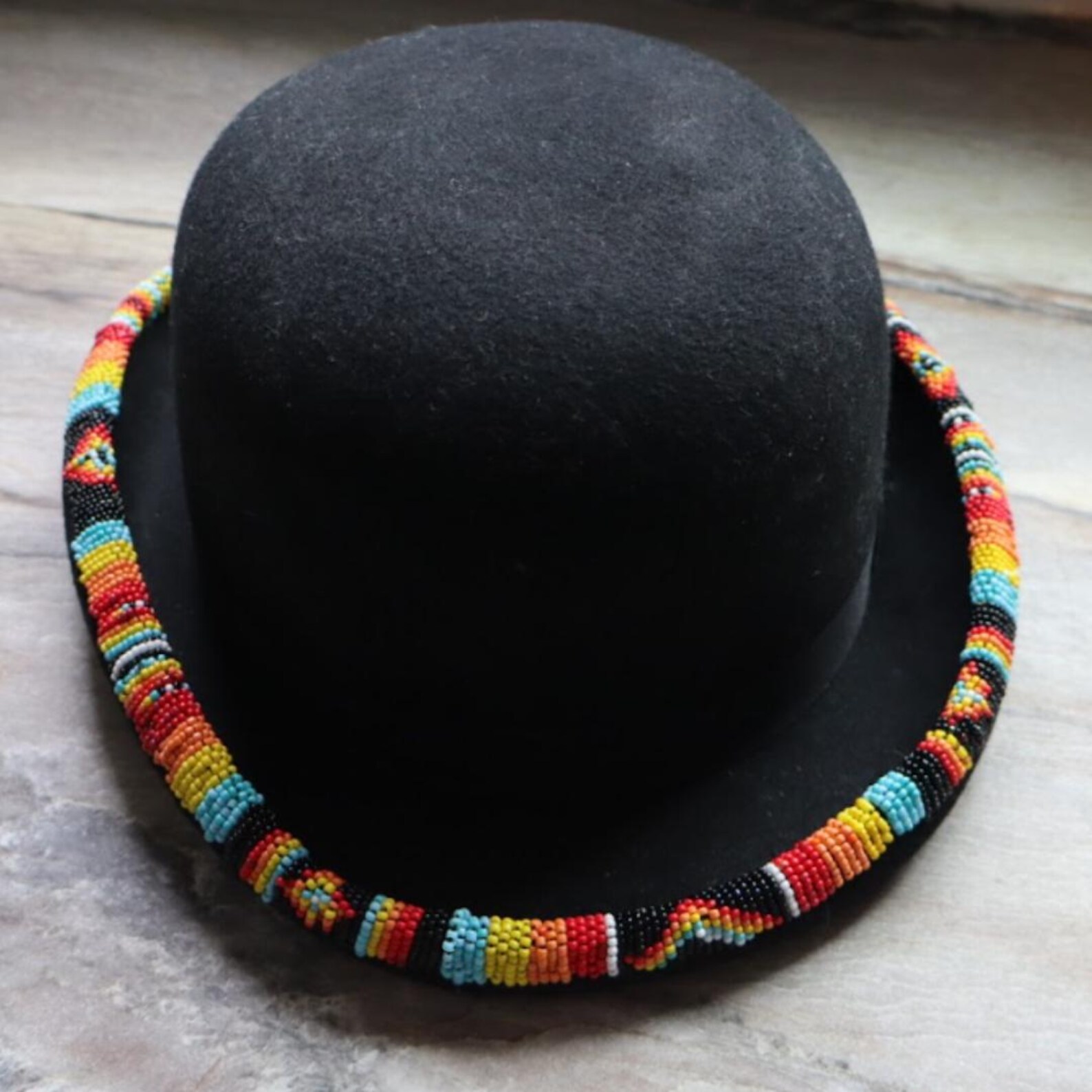 Classic Black Wool Felt Bowler Hat 59cm Custom Hand Beaded Brim - Etsy