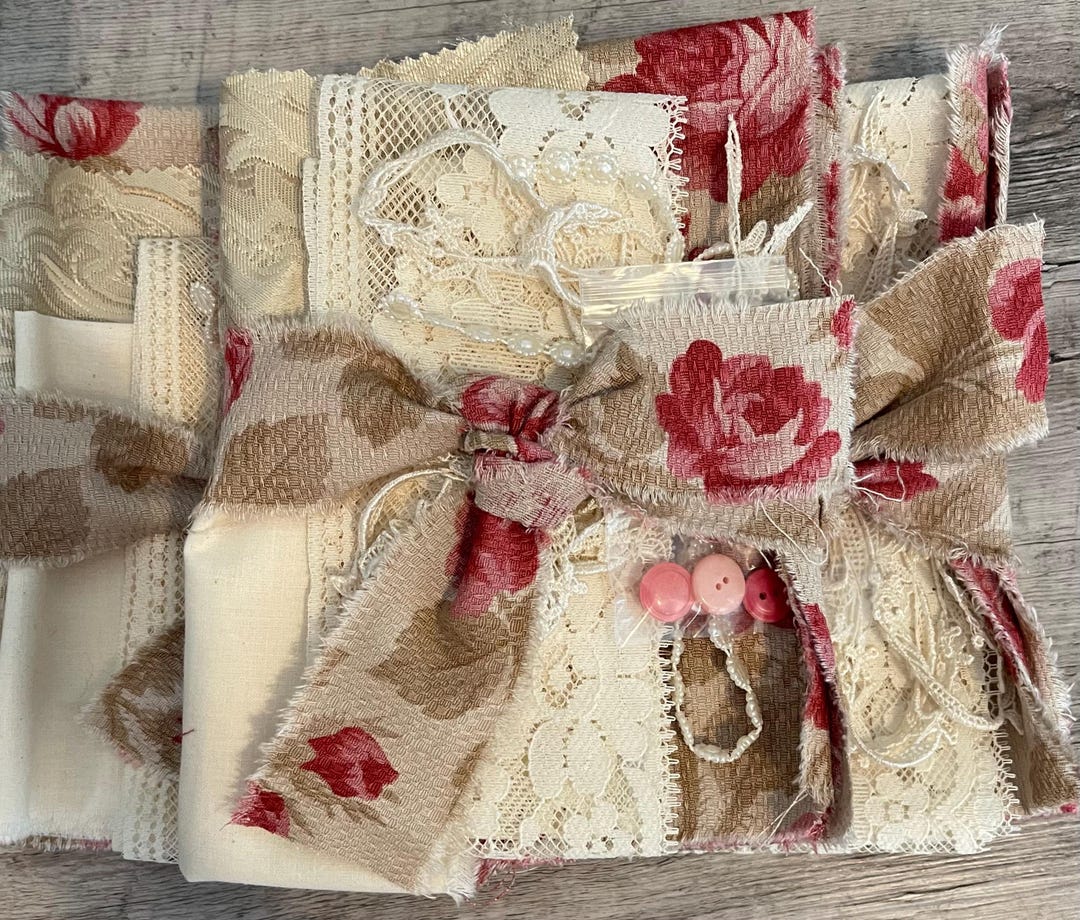 Vintage Beige & Rose Fabric Bundle: Lace, Trim, Beads for Journaling - Etsy