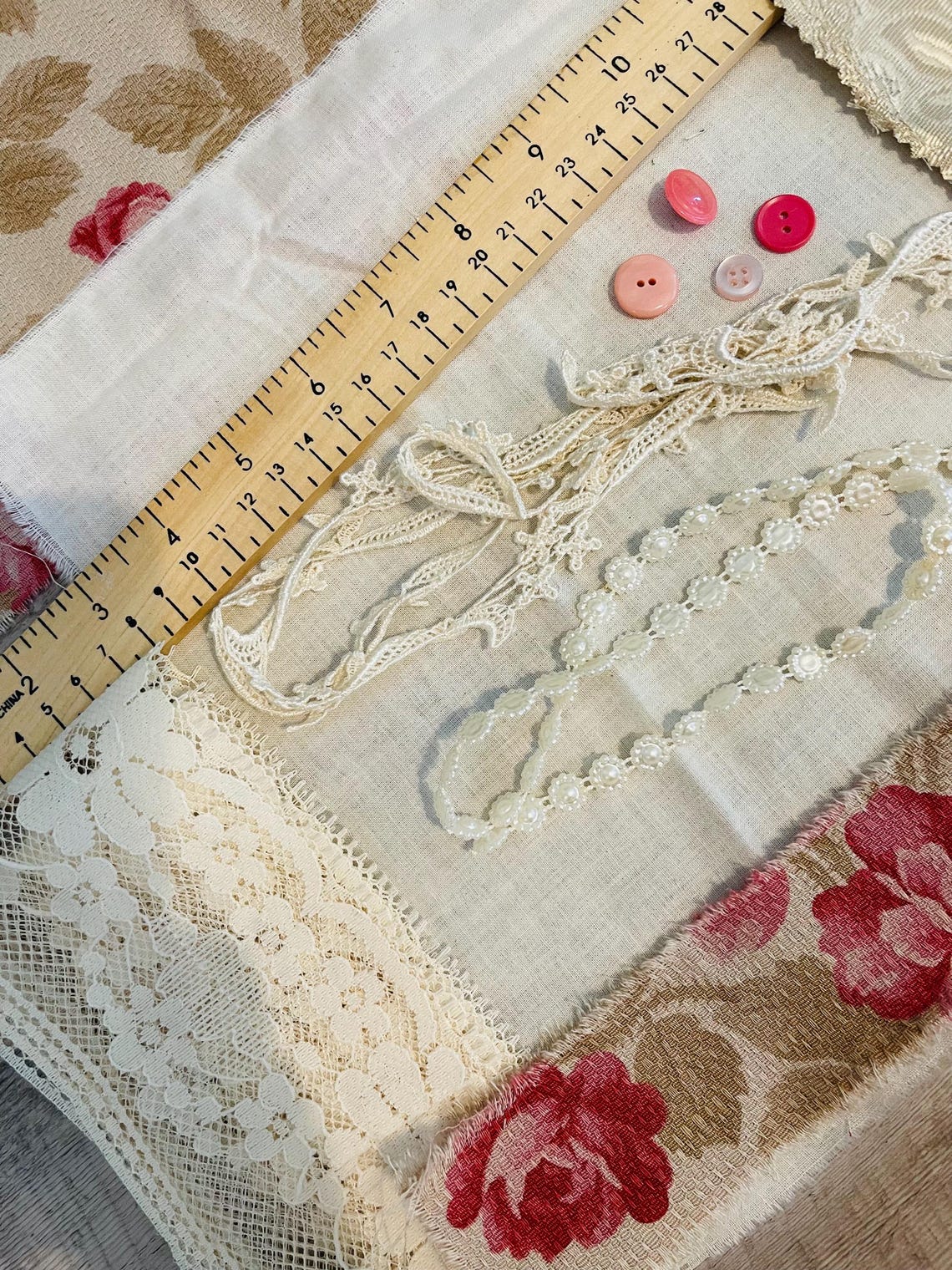 Vintage Beige & Rose Fabric Bundle: Lace, Trim, Beads for Journaling - Etsy