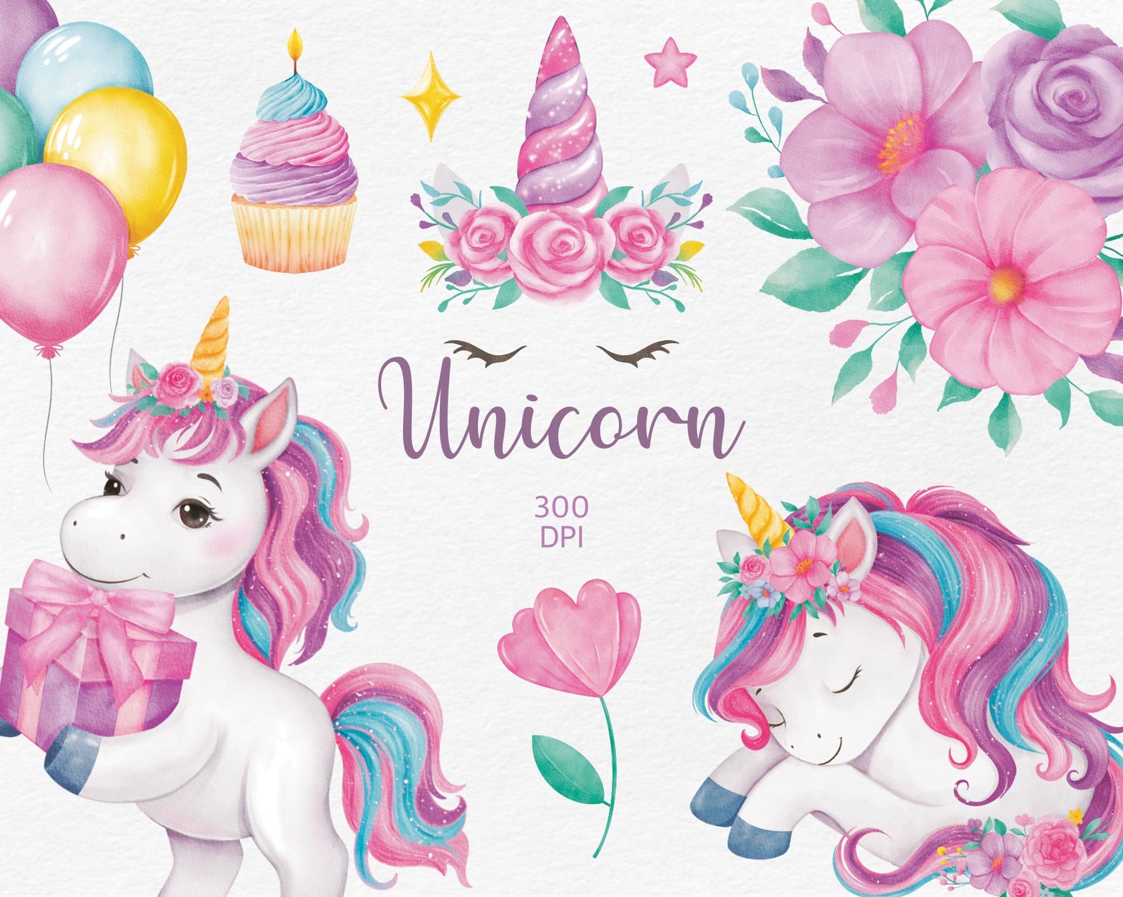 Watercolor Unicorn Party Clipart, Floral Digital Paper, Instant ...