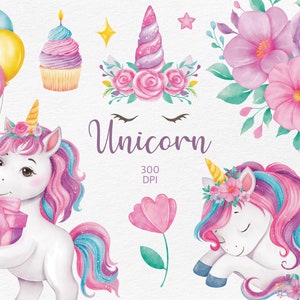 Watercolor Unicorn Party Clipart, Floral Digital Paper, Instant ...