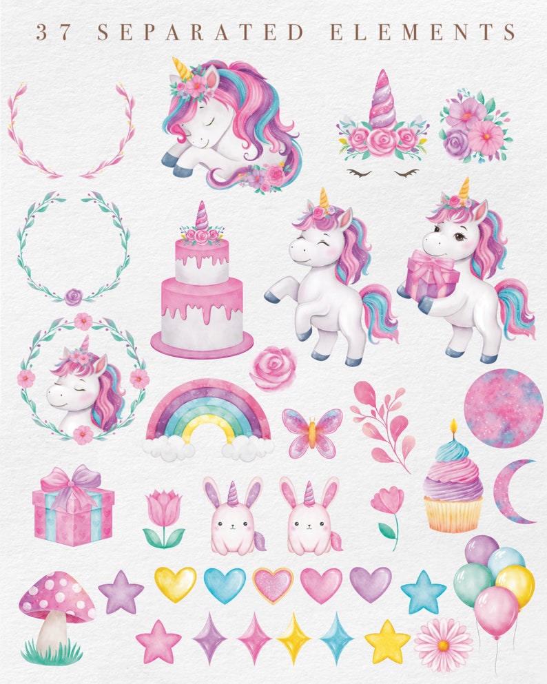 Watercolor Unicorn Party Clipart, Floral Digital Paper, Instant ...
