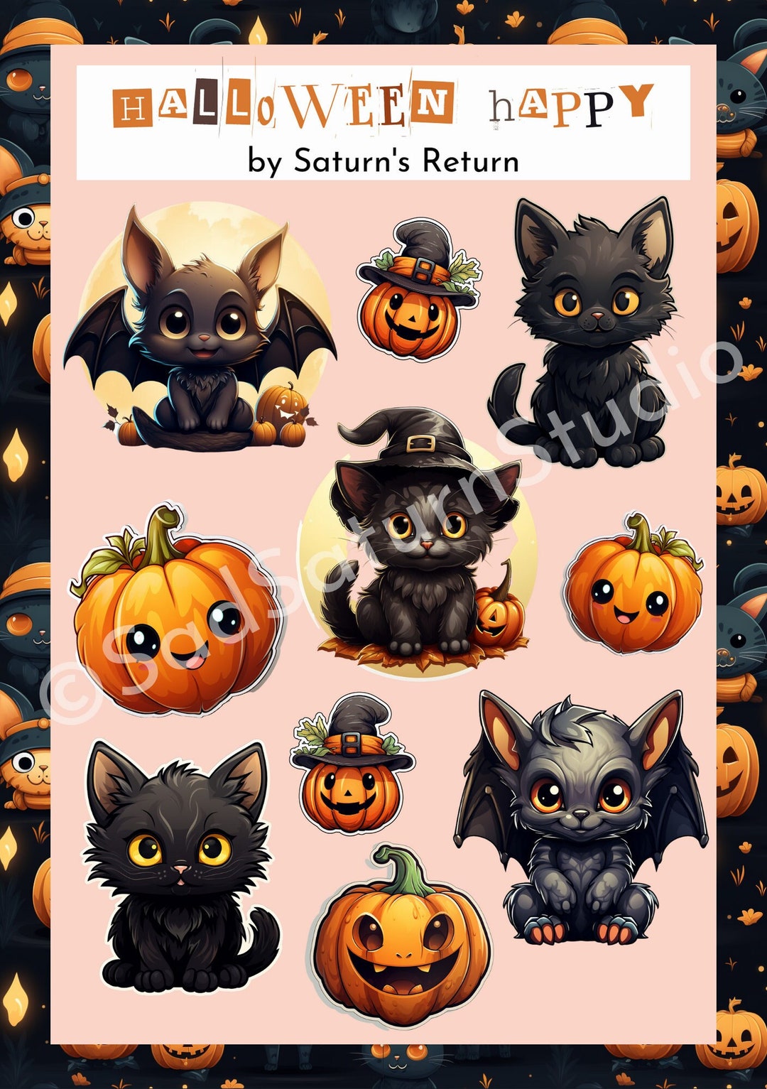 Cute Cat Halloween Stickers With Pumpkins Digital File Printable - Etsy