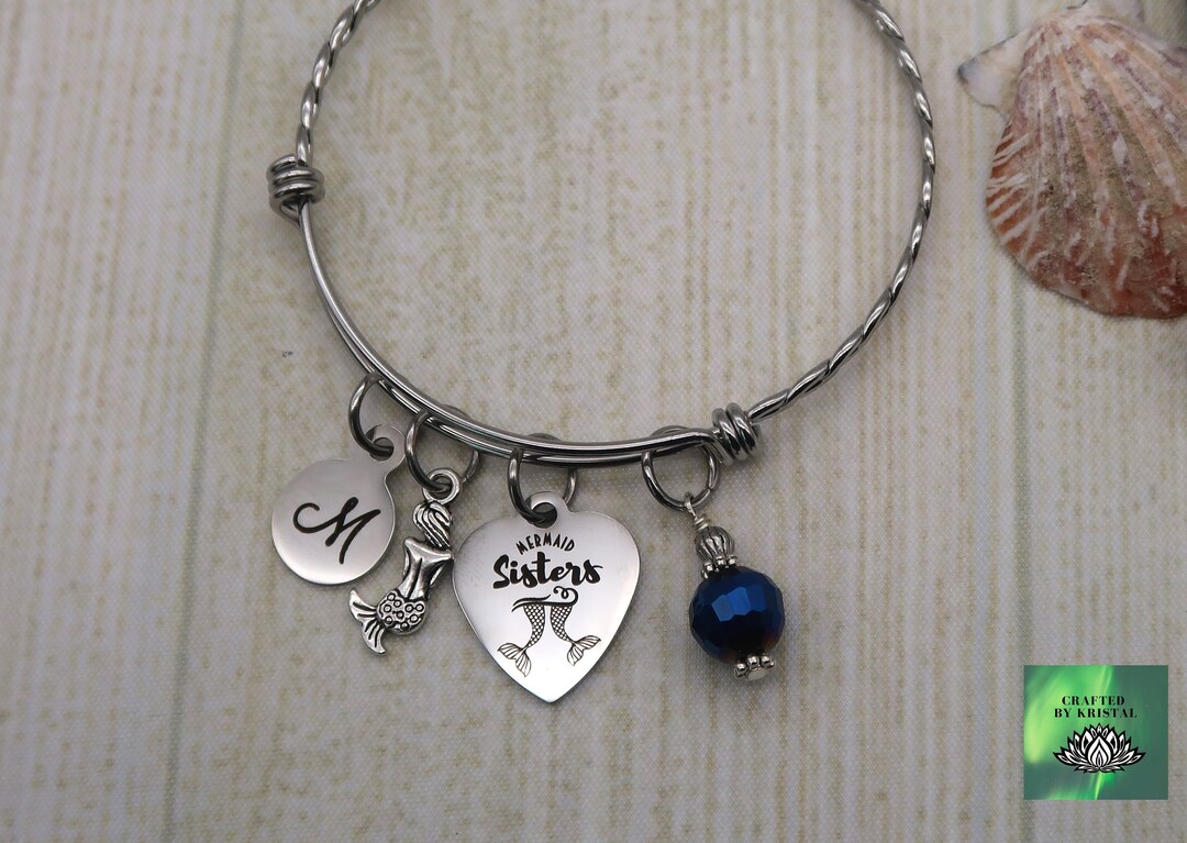 Mermaid Sisters, Personalized Initial Charm Bracelet for Women, Custom ...