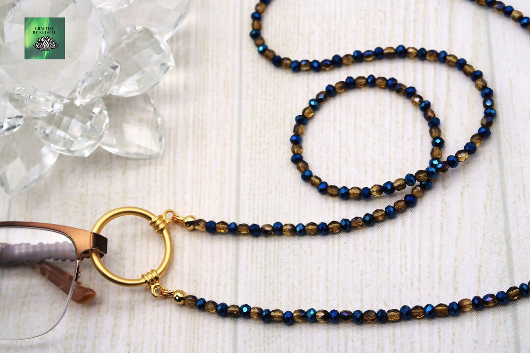 Blue and Gold Beaded Glasses Chain, Eyeglasses Holder, Eyeglass Loop ...