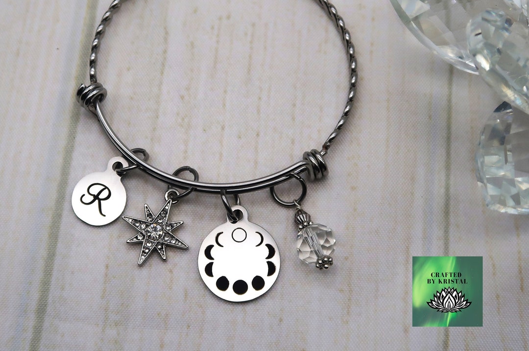 Moon Phases Expandable Bangle Charm Bracelet for Women, Personalized ...