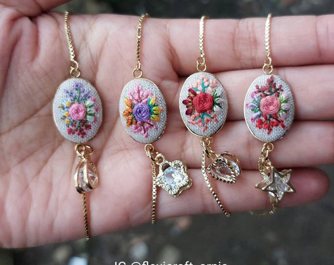 Embroidered Bracelet, Floral Embroidery Bracelet, Adjustable Slider ...