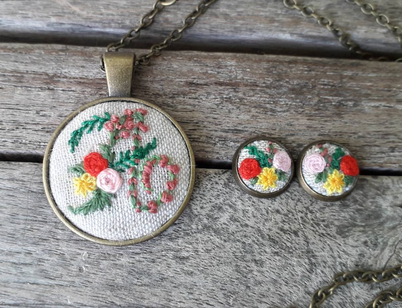 Hand Embroidery Jewelry Set , Initial Embroidered Pendant Monogram ...