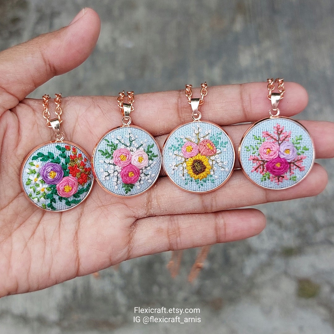 Small Embroidered Necklace, 3D Hand Embroidery Pendants, Handmade ...