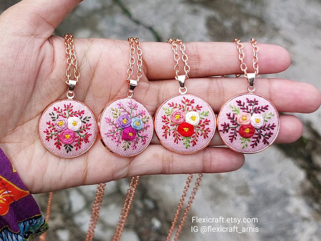 Small Embroidered Necklace, Hand Embroidery Pendants, Handmade Jewelry ...
