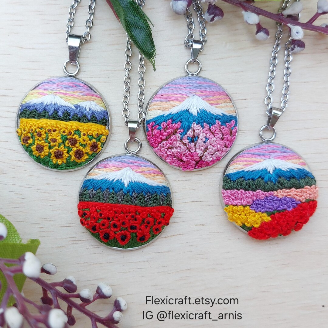 Landscape Embroidered Necklace, Scenery Hand Embroidery Pendants ...