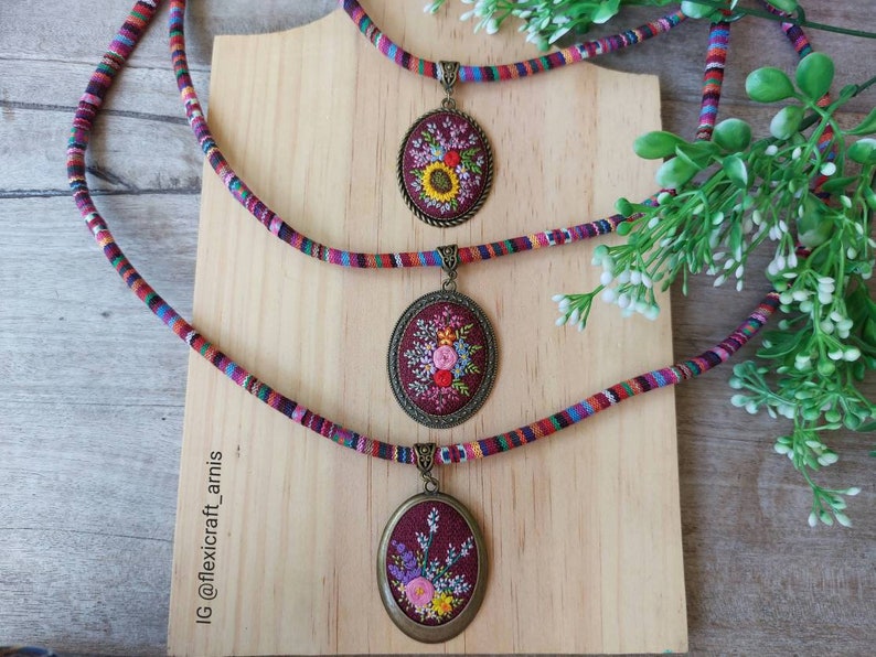 Oval Embroidered Necklace Pendant, Hand Embroidery Jewelry, Handmade ...