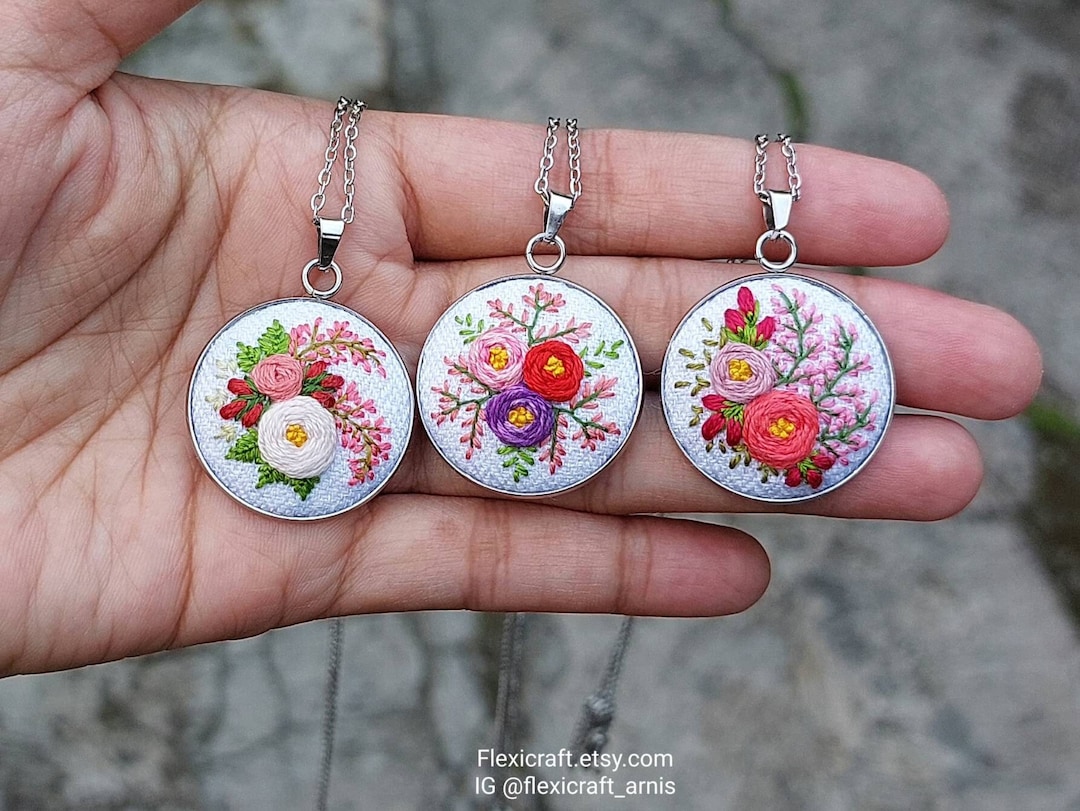Small Embroidered Necklace, Hand Embroidery Pendants, Handmade Jewelry ...