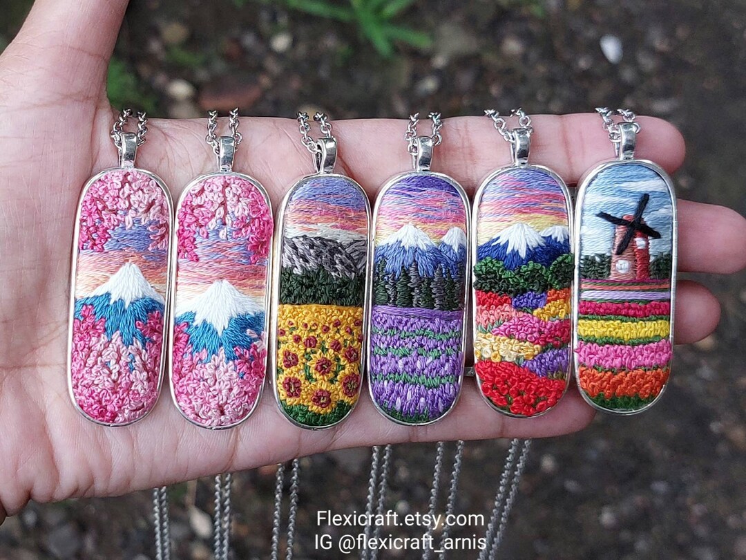Landscape Embroidered Necklace, Scenery Hand Embroidery Pendants ...