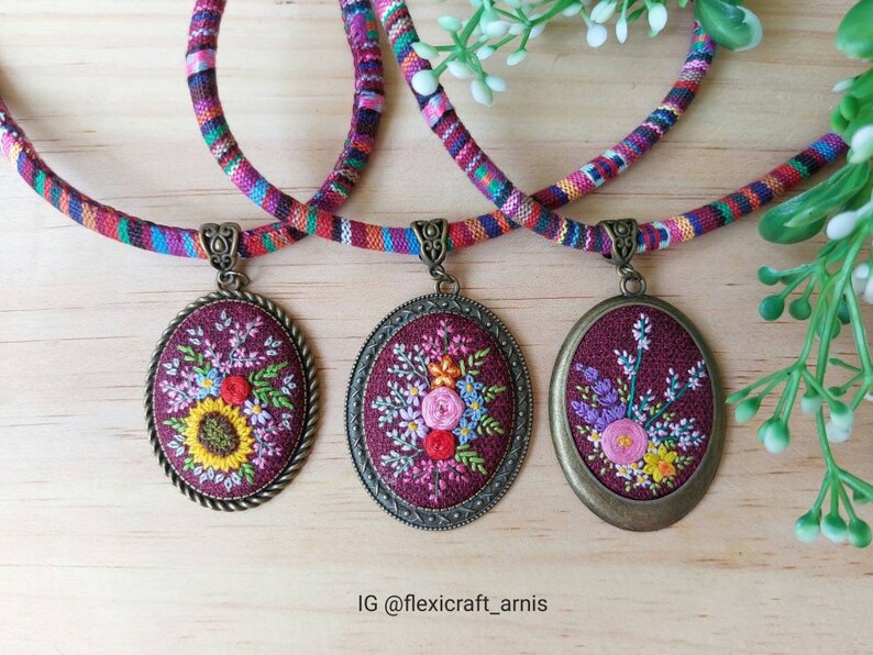 Oval Embroidered Necklace Pendant, Hand Embroidery Jewelry, Handmade ...