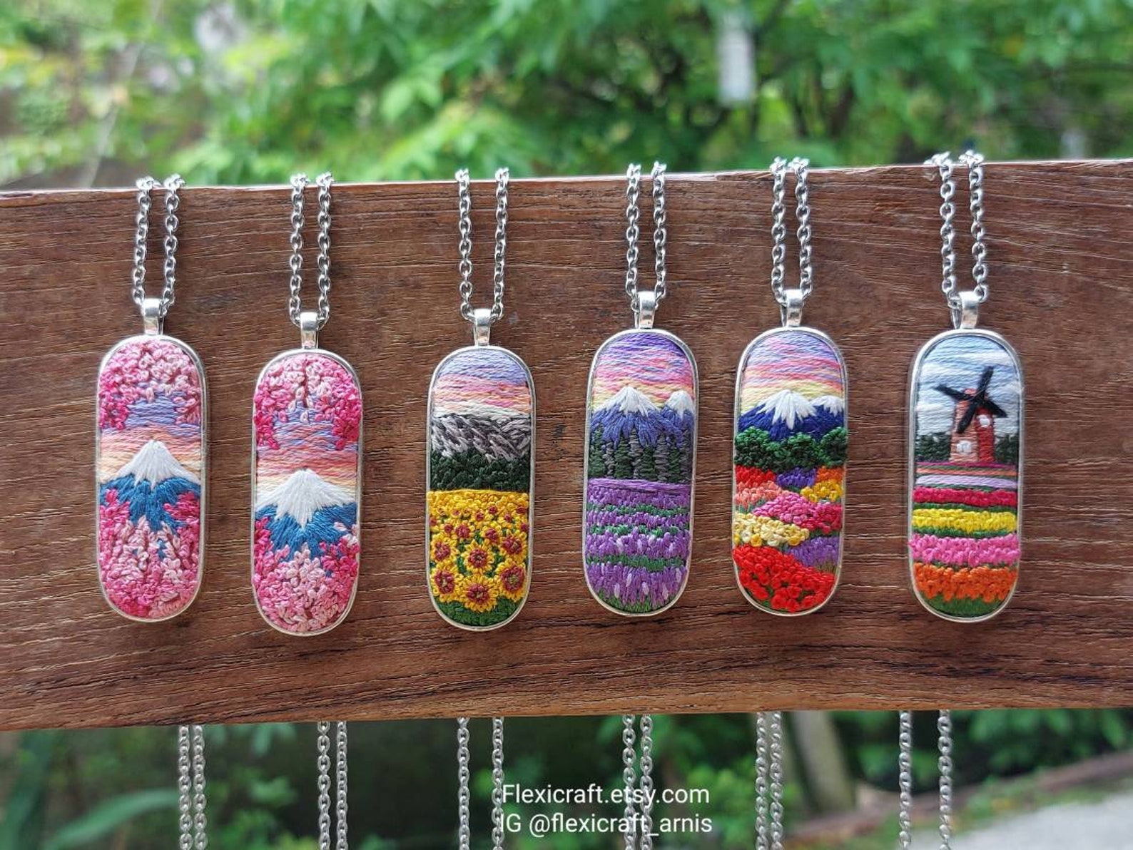 Landscape Embroidered Necklace, Scenery Hand Embroidery Pendants ...