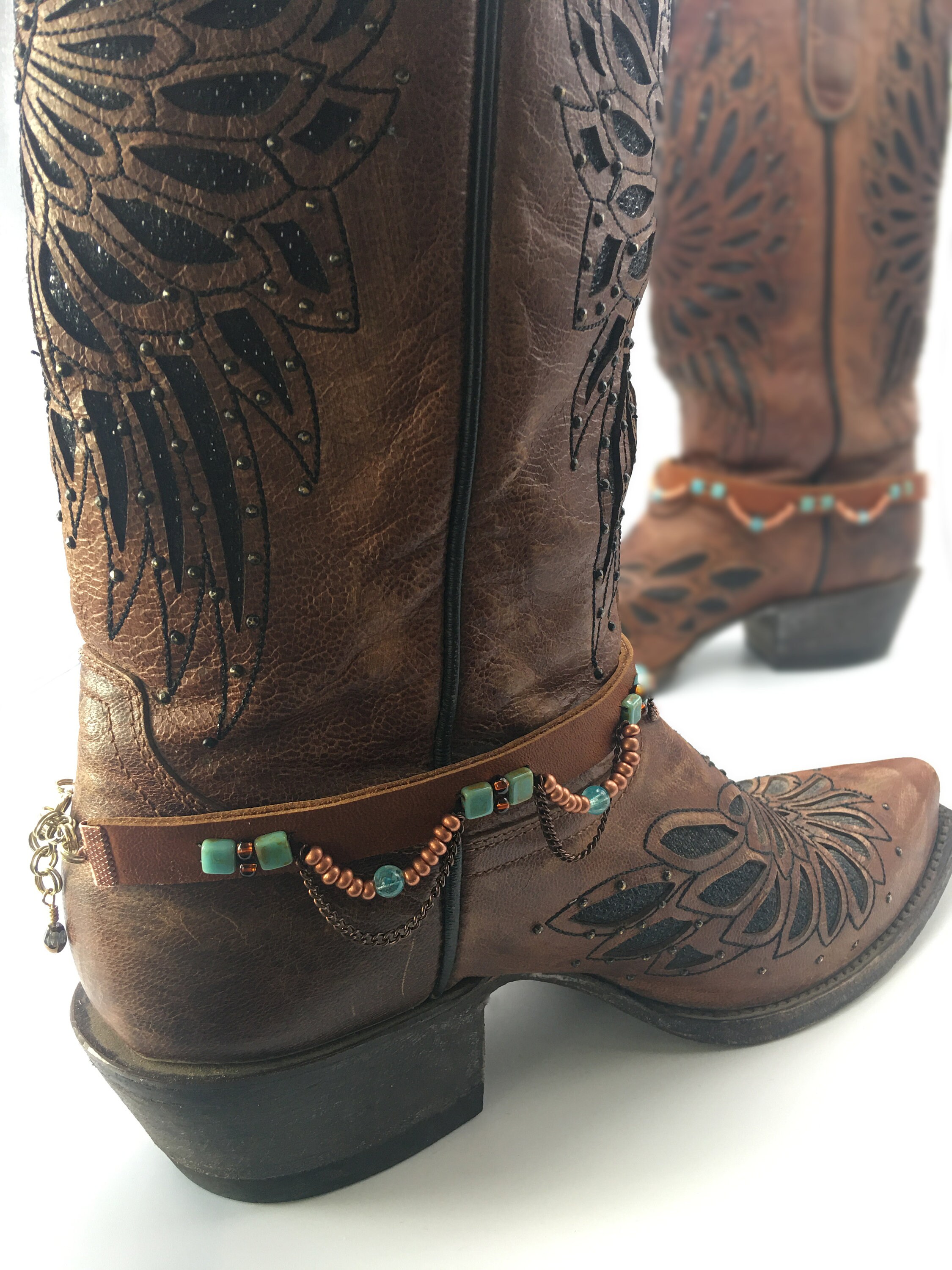 Brown Leather Boot Strap With Aqua and Copper Accents - Etsy