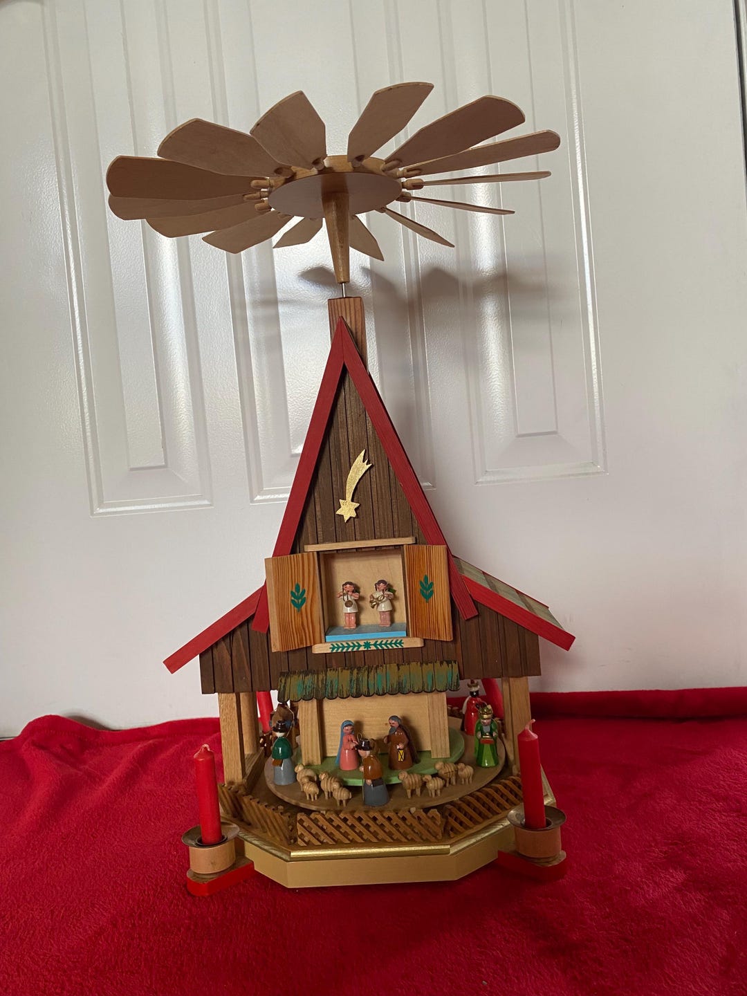 SOLD Christmas 3 Tier 1970 German Hand Carved Nativity Scene + Candles ...