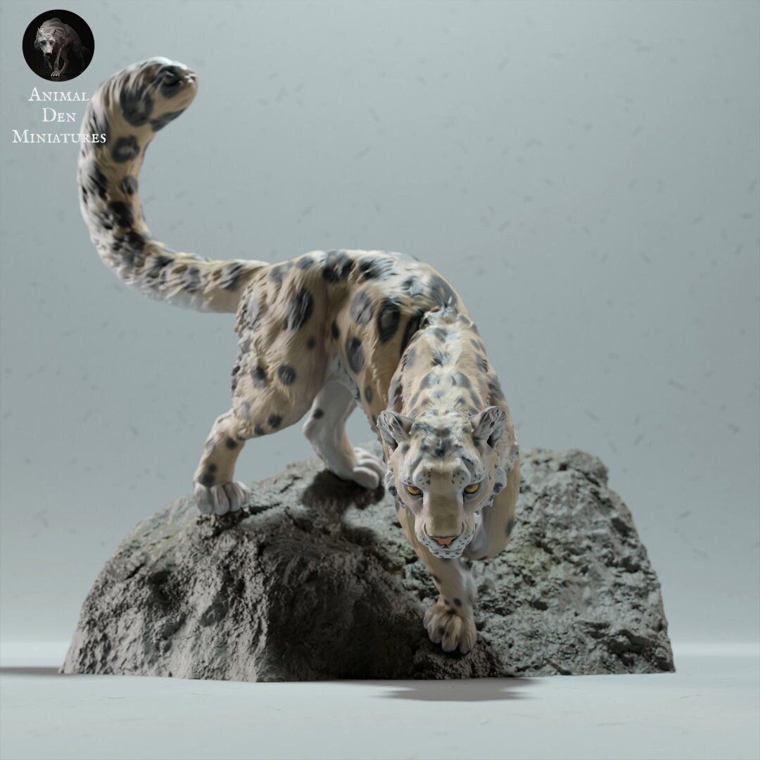 Snow Leopard on a Boulder 3D Printed Miniature Figurine Sculpture DIY ...