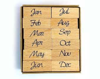 Set of 12 Month Stamp, Months of the Year Wooden Stamp, Rubber Stamp ...