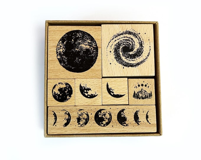 Set of 7 Moon Stamp, Full Moon Wooden Stamp, Rubber Stamp, Wood Stamp ...