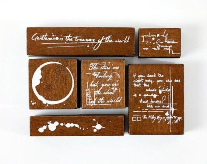 Set of 6 Vintage Text Stamp, Coffee Stains Wooden Stamp, Rubber Stamp ...