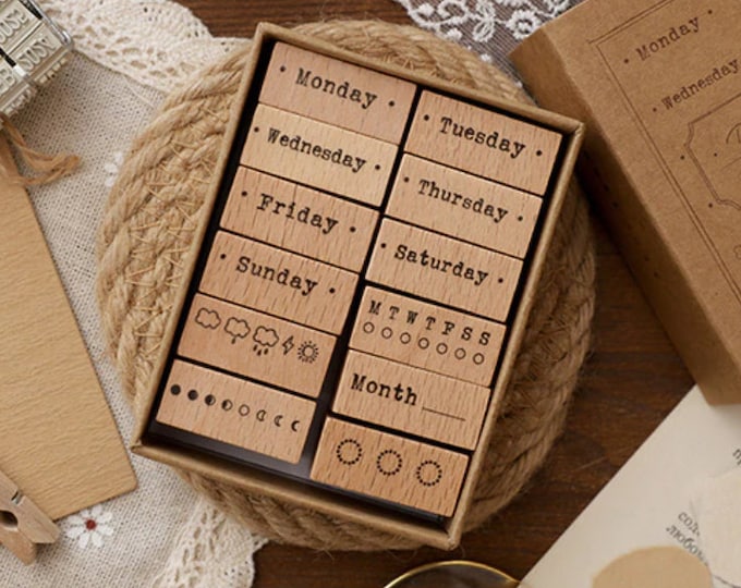 Set of 12 Calendar Stamp, Days of the Week Wooden Stamp, Rubber Stamp ...
