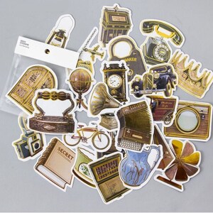 24 Pcs Retro Items Sticker, Vintage Phone Gold Foil Sticker Flakes ...