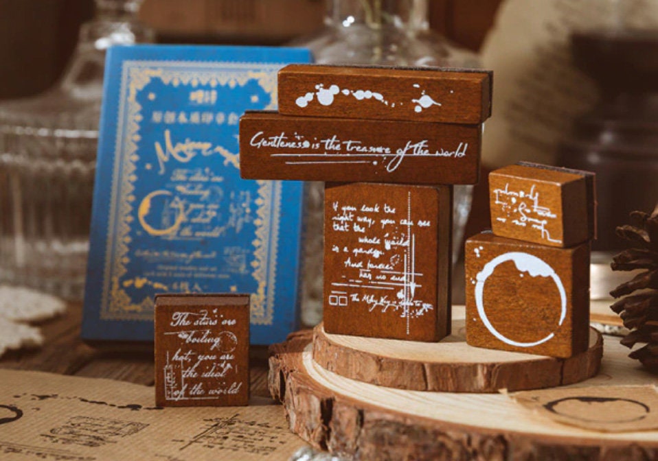 Set of 6 Vintage Text Stamp Coffee Stains Wooden Stamp - Etsy