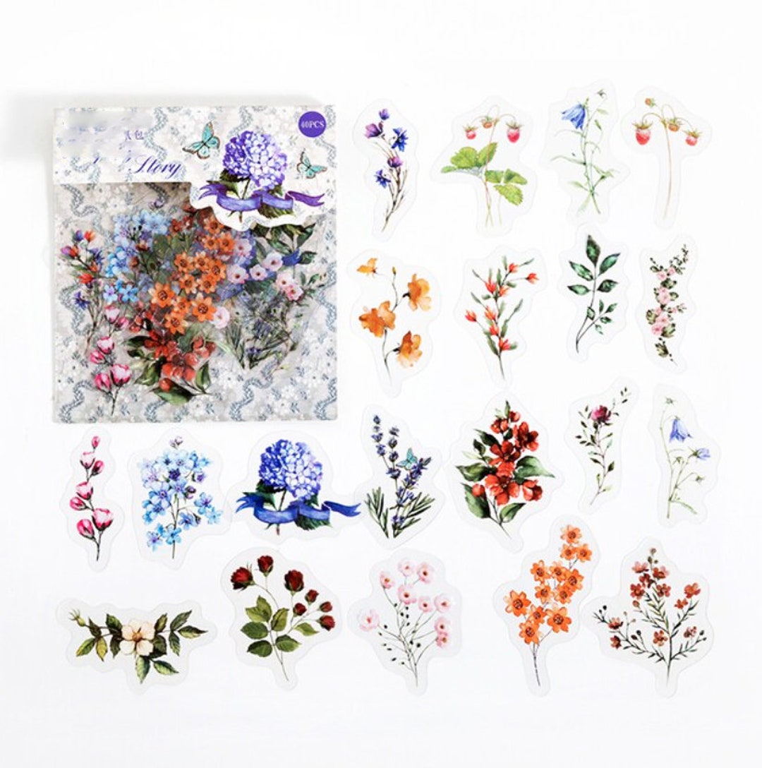 40 Pcs Flowers Clear Sticker, Floral Sticker Pack, Journal, Junk ...