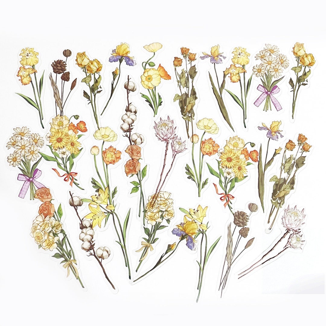 30 Pcs Yellow Flowers Clear Sticker, Floral PVC Sticker, Scrapbooking ...