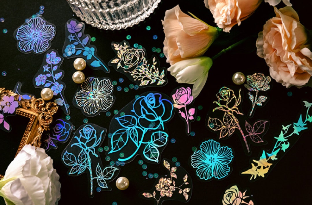 45 Pcs Flowers Holographic Sticker, Floral Shiny, Iridescent Stickers ...