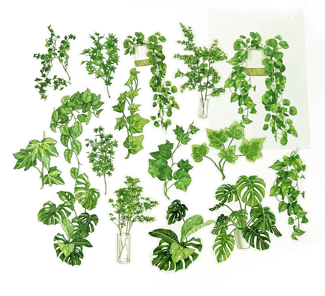 15 Pcs Potted Plants Clear Sticker, Green Leaves Clear Sticker Pack ...