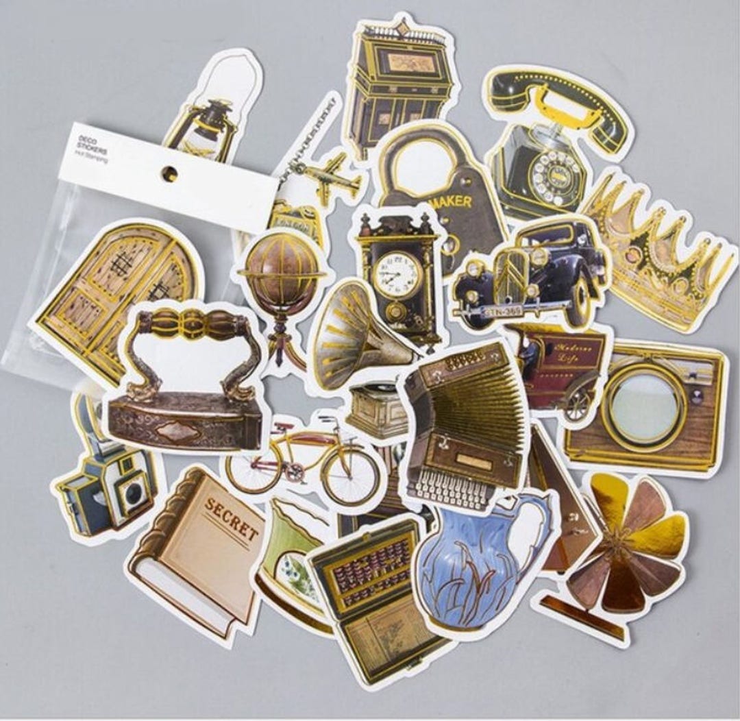 24 Pcs Retro Items Sticker, Vintage Phone Gold Foil Sticker Flakes ...