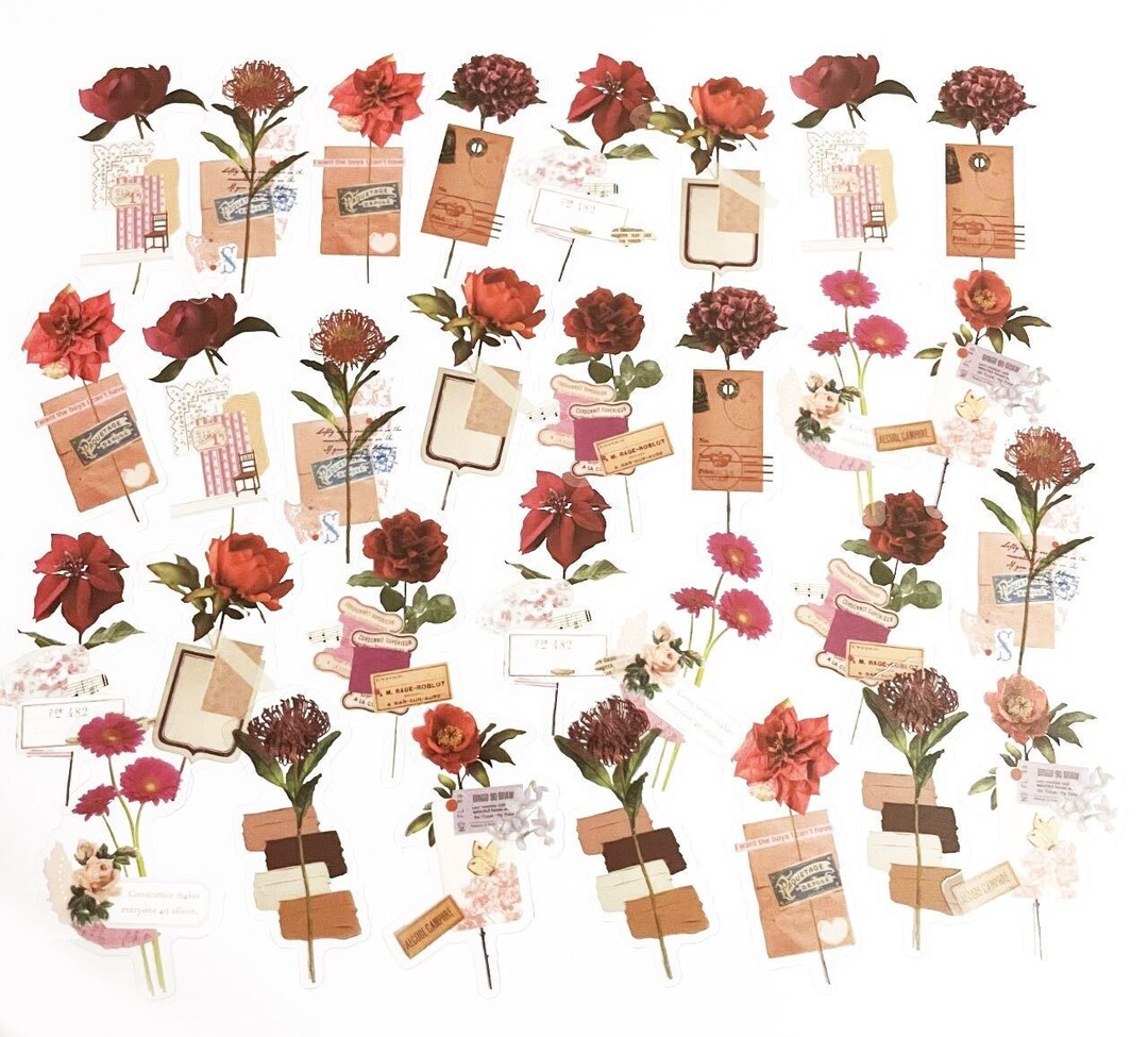 30 Pcs Red Flowers Clear Sticker, Floral PVC Sticker, Scrapbooking ...