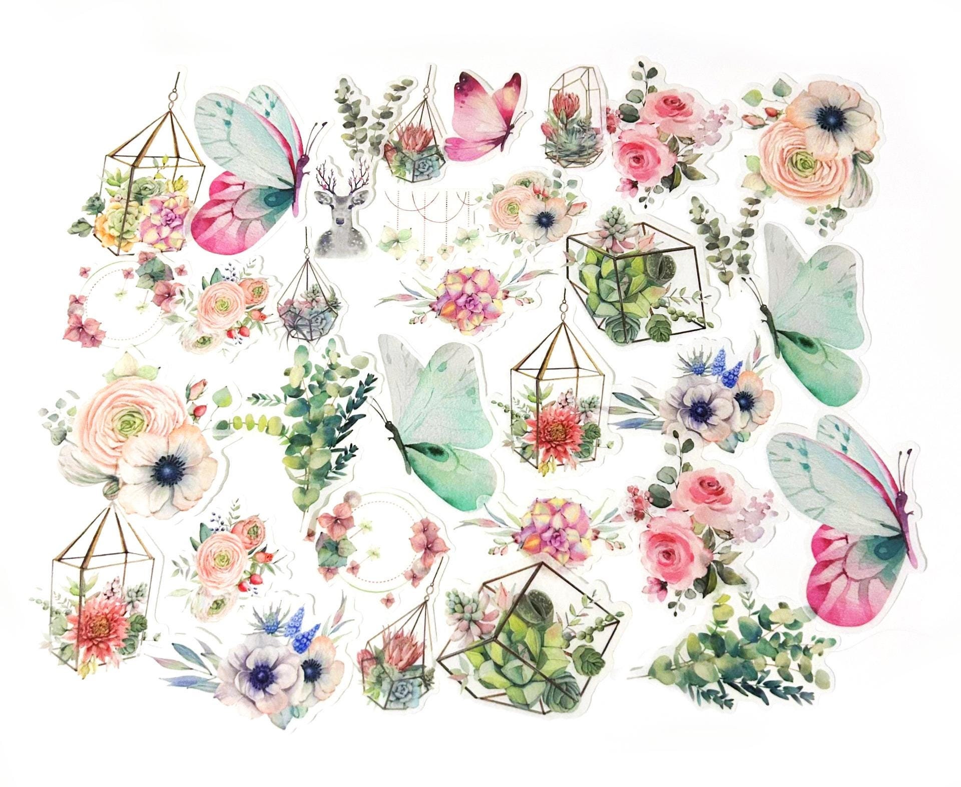 60 Pcs Pastel Flowers Large Washi Sticker, Cactus Sticker Flakes ...