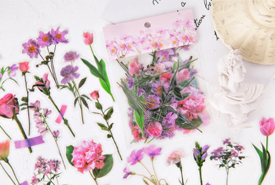 40 Pcs Pink Flowers Clear Sticker, Floral, Wildflowers, Scrap Booking ...