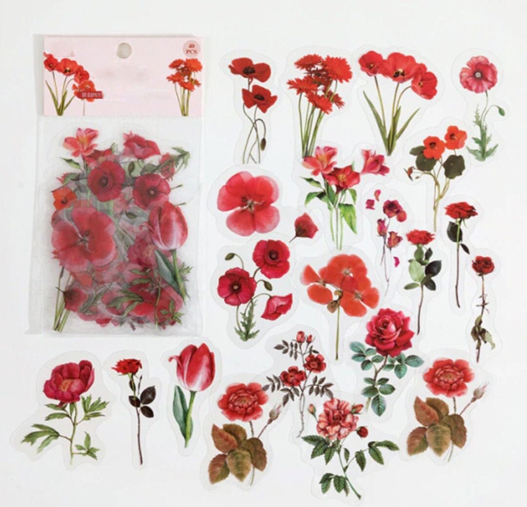 40 Pcs Red Flowers Clear Sticker Floral Clear Sticker - Etsy
