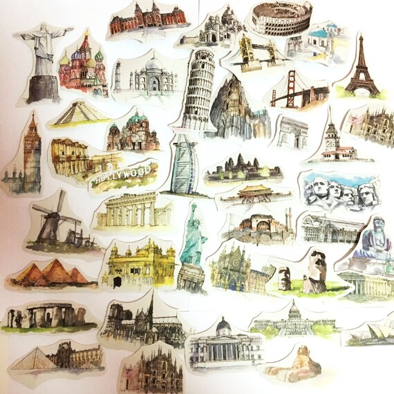 40 Pcs Landmark Sticker Travel Watercolor Sticker Flakes | Etsy