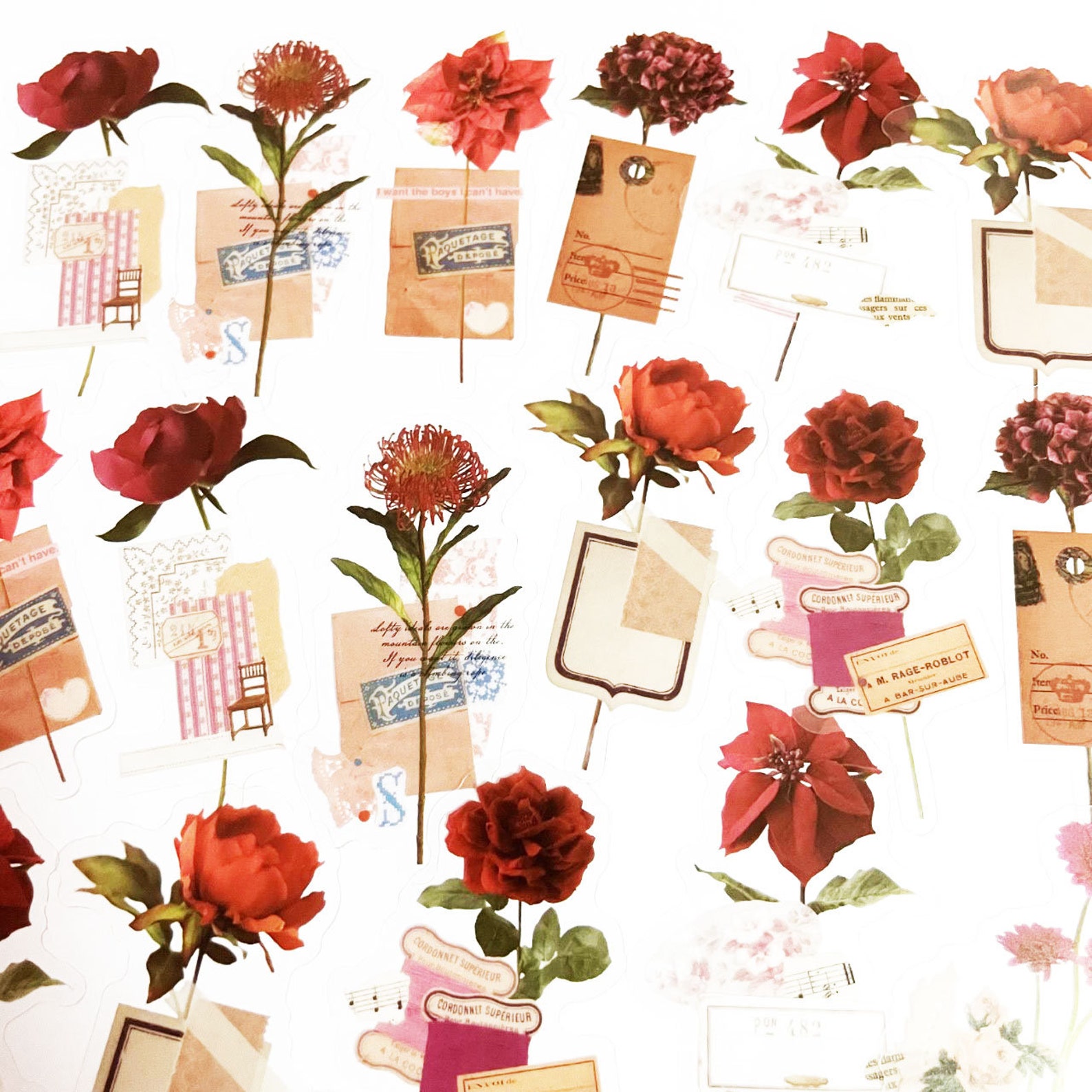 30 Pcs Red Flowers Clear Sticker, Floral PVC Sticker, Scrapbooking ...