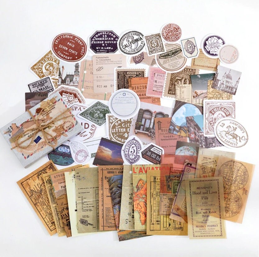 60 Pcs Retro Collage Junk Journal Kit Label Tag Sticker Pack - Etsy