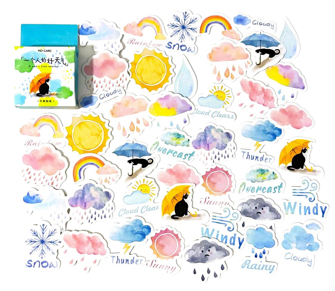 45 Pcs Weather Sticker, Rainbow Watercolor Sticker Flakes, Windy ...