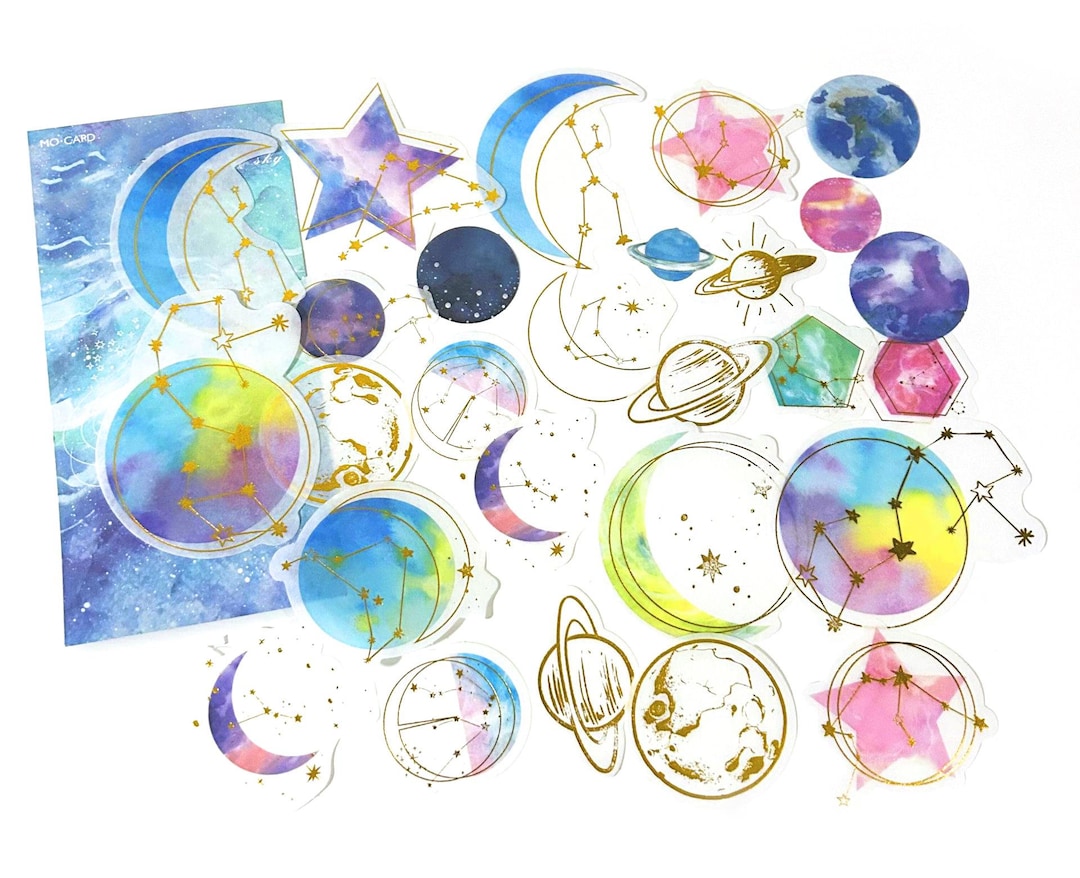 60 Pcs Galaxy Gold Foil Sticker Pack, Stars Constellation Watercolor ...