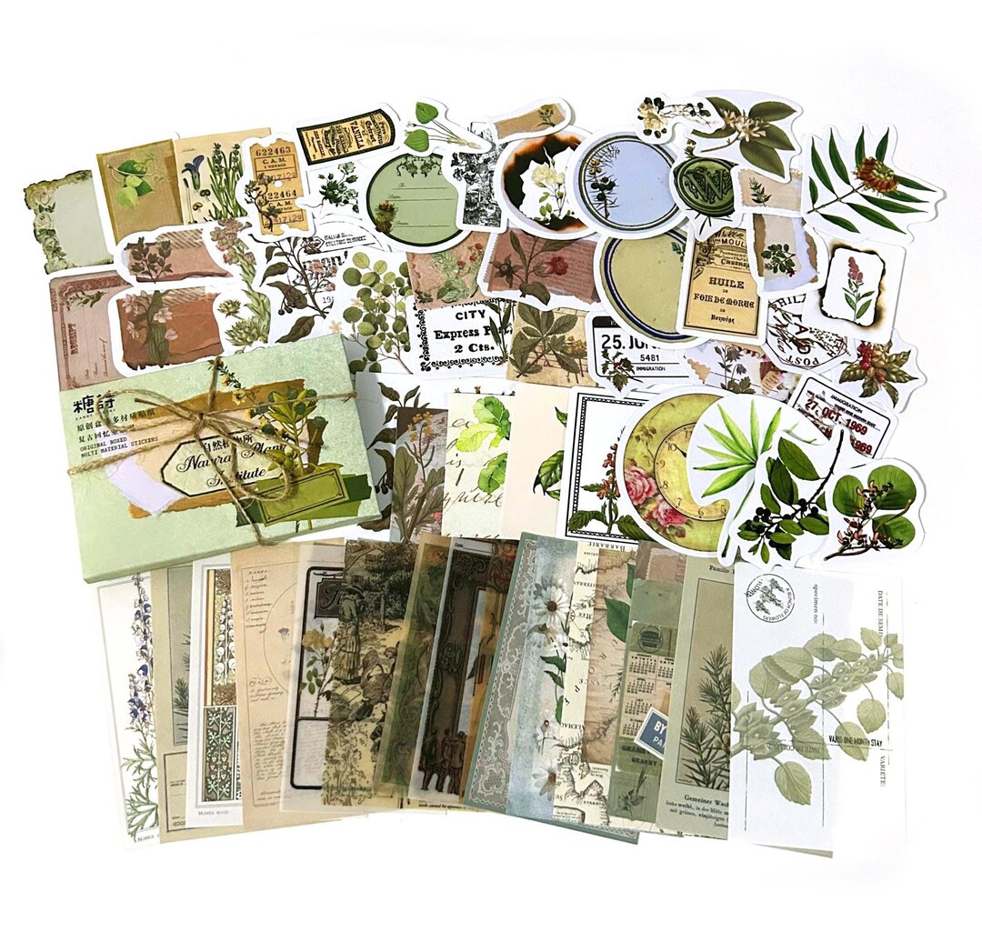 60 Pcs Plants Junk Journal Kit, Leaf Sticker Pack, Vellum, Memo Paper ...